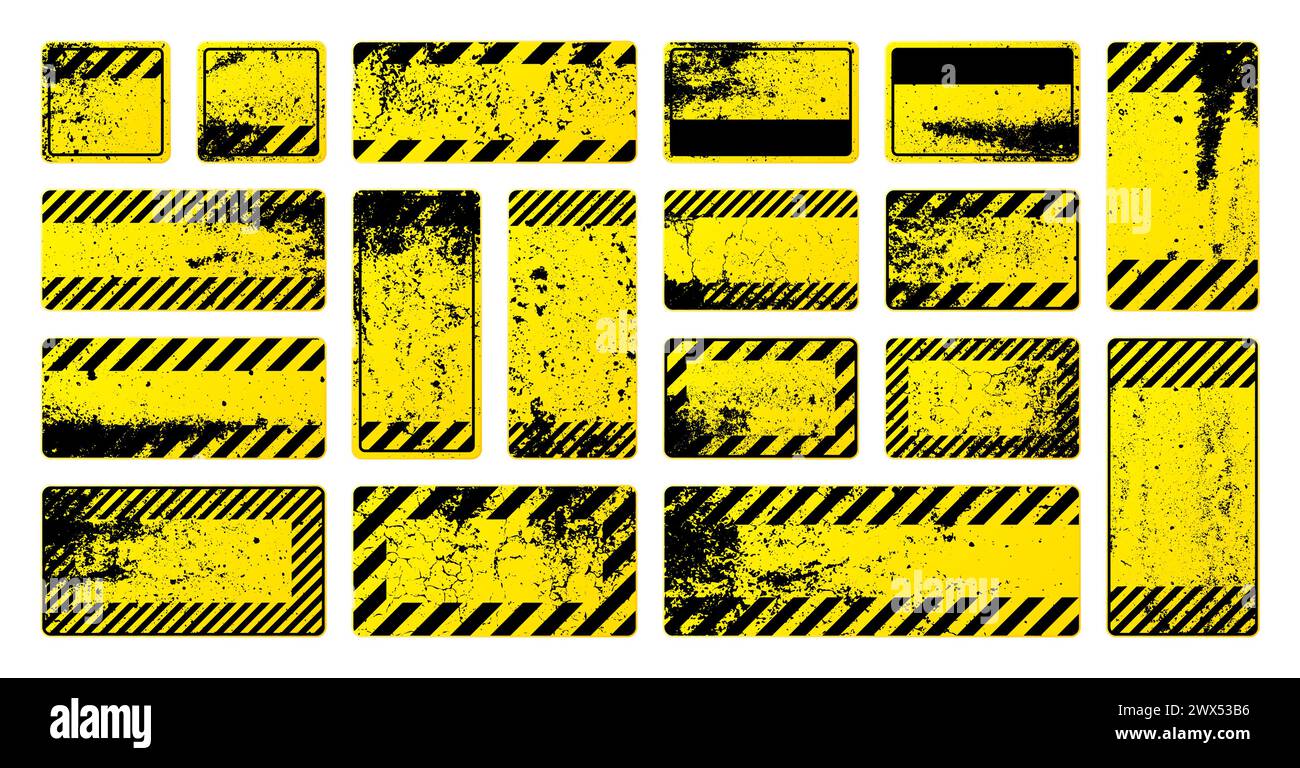 Various yellow grunge warning signs with diagonal lines. Old attention ...