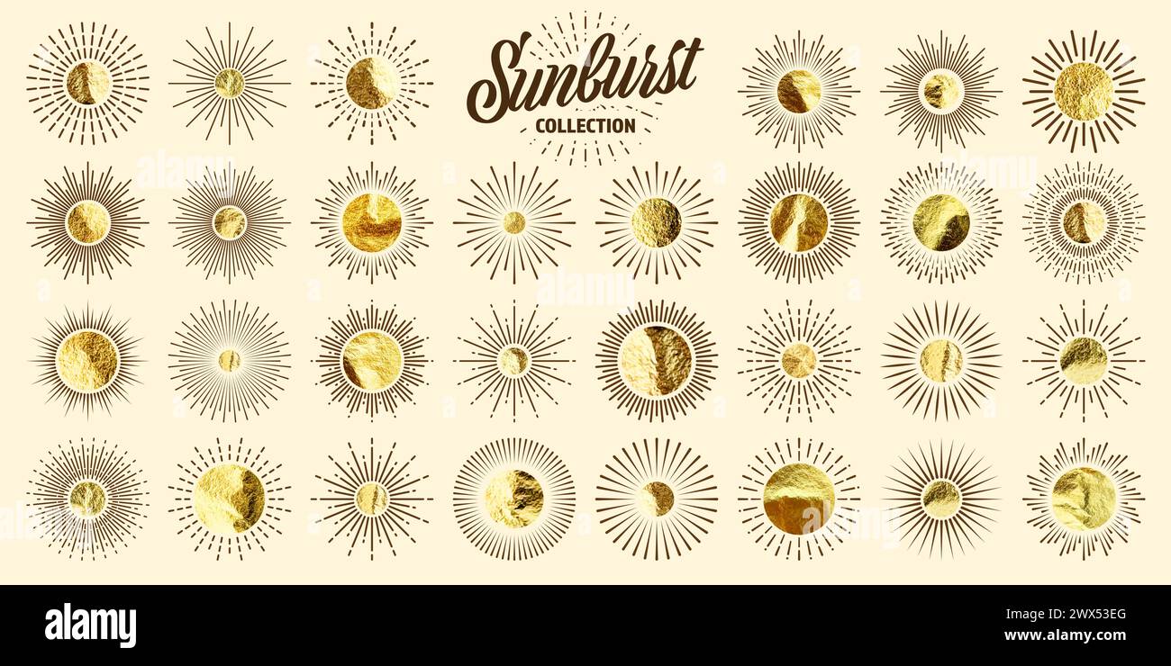 Vintage sunburst, sunset beams. Gold foil, shiny handmade circles ...