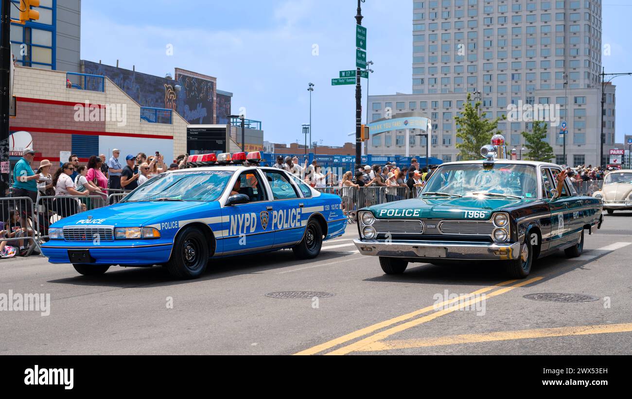Antique police cars at Mermaid Parade, Surf Avenue, Coney island, New ...