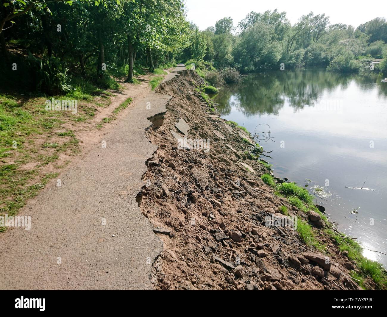 Landslide damage on footpath around local loch in Mothewell, Scotland ...
