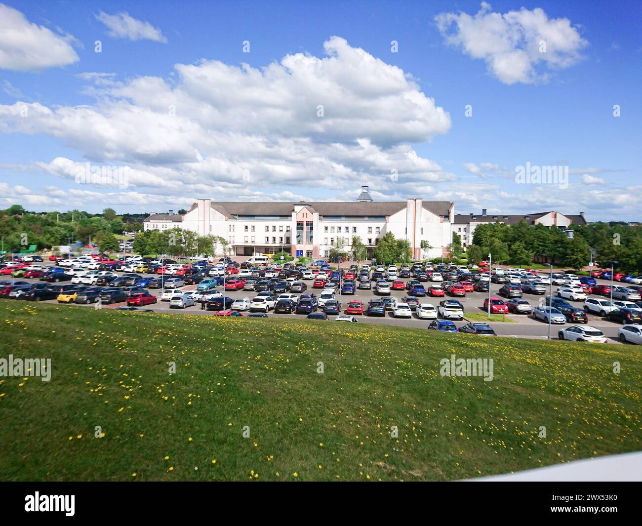 Wishaw Hospital, view at the hospital and car park from hill Stock ...