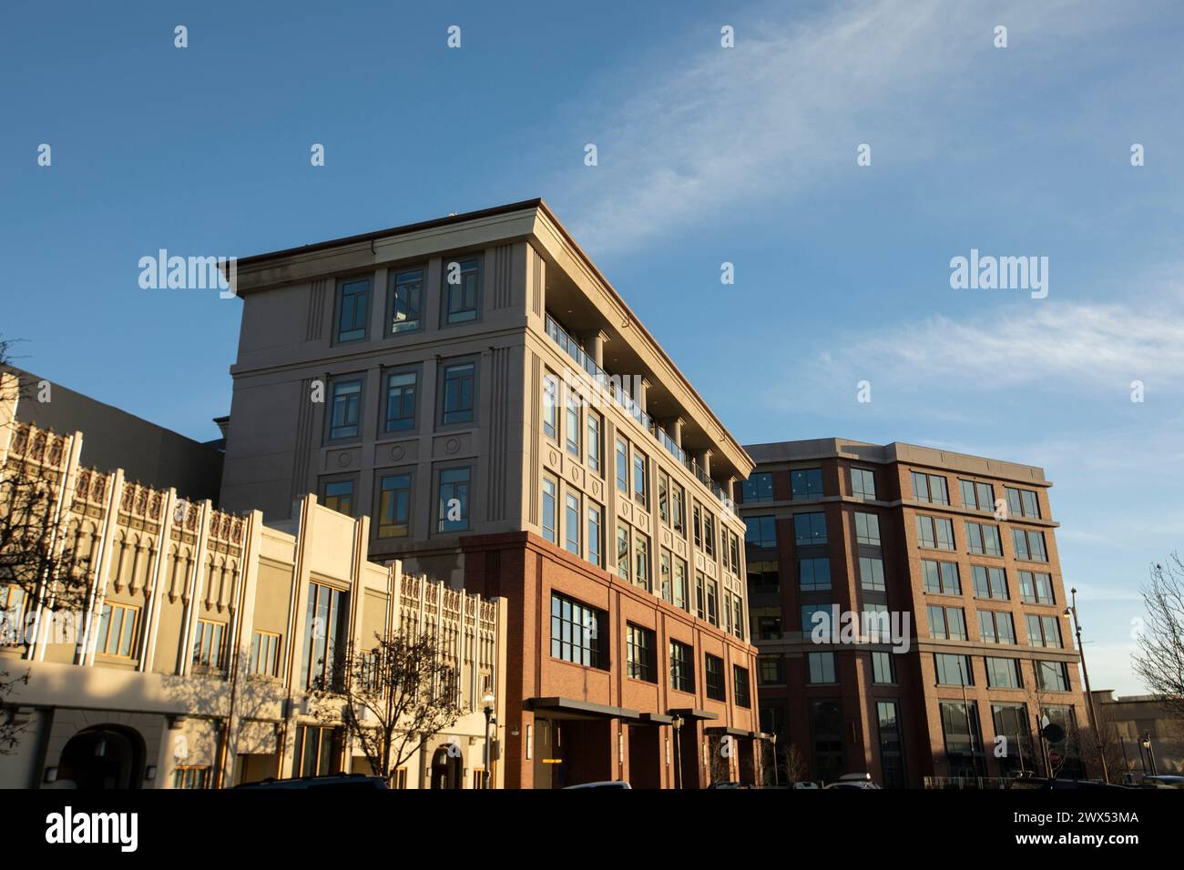 Sunset view of the buildings in the downtown skyline of Redwood City ...