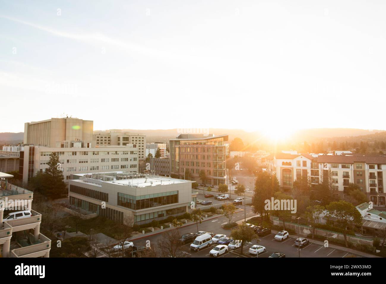 Sunset view of the buildings in the downtown skyline of Redwood City ...