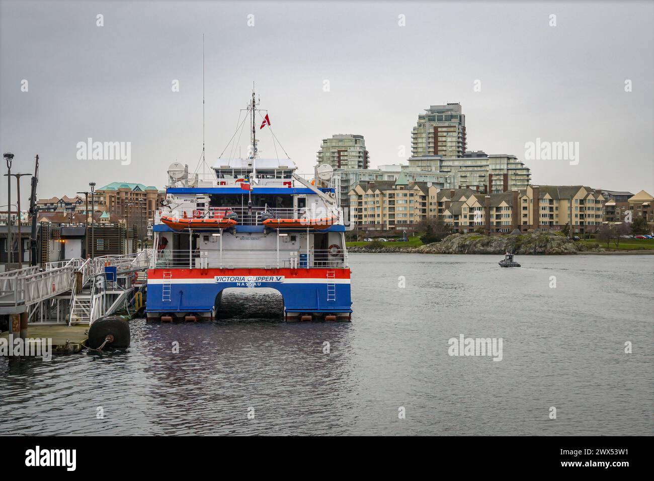 The back of the colorful passenger ferry The Victoria Clipper, docked ...