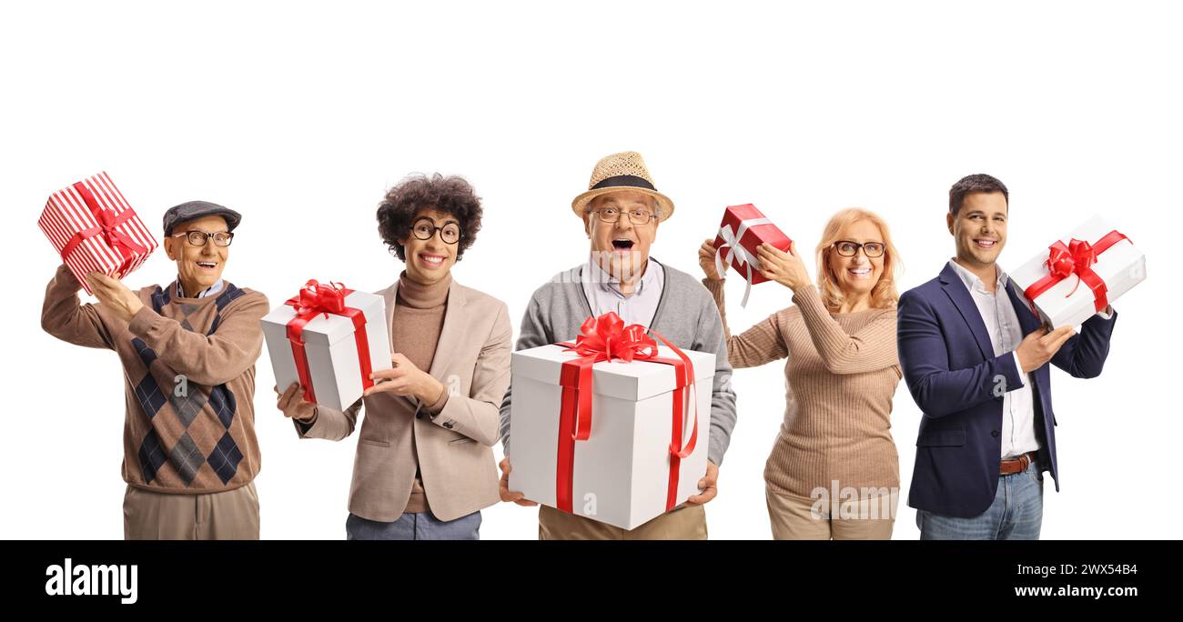 Group of happy young and older people holding presents isolated on ...