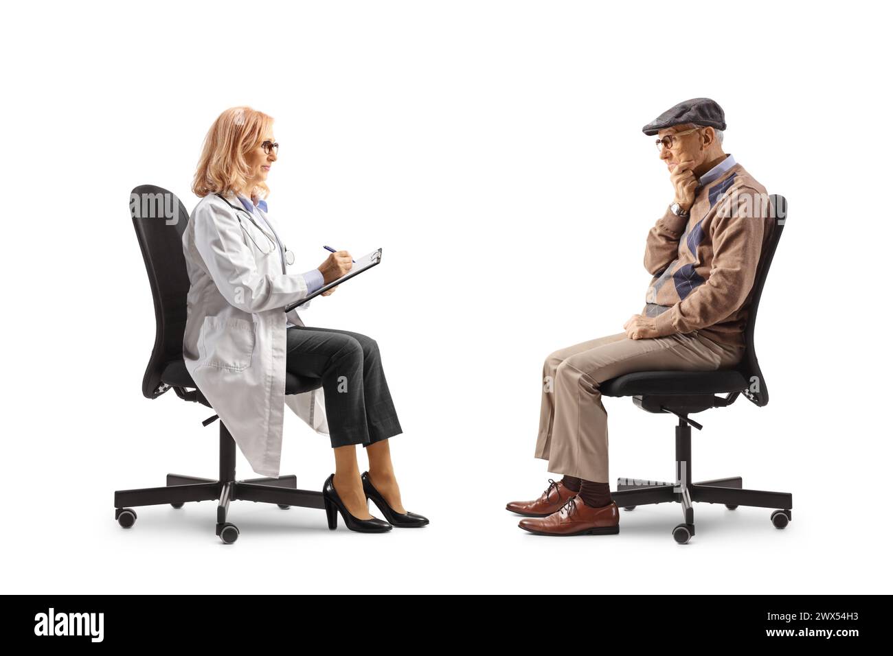 Patient and a female doctor sitting in a chair and writing a document ...