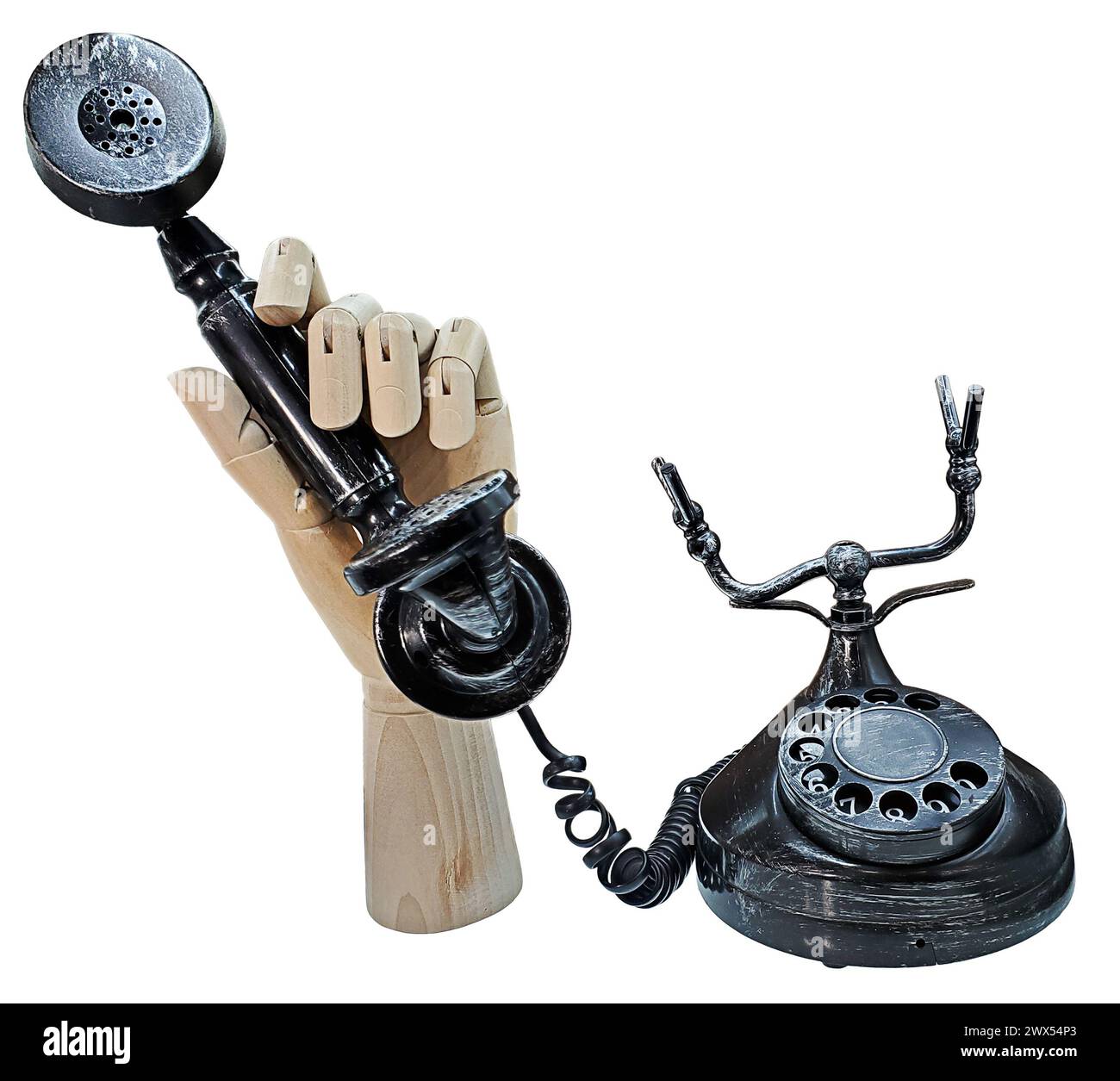 A wooden hand holding a Vintage rotary dial telephone Stock Photo - Alamy