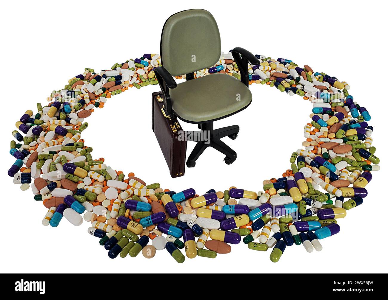 Office chair and briefcase surrounded by pills, showing drugs at work ...