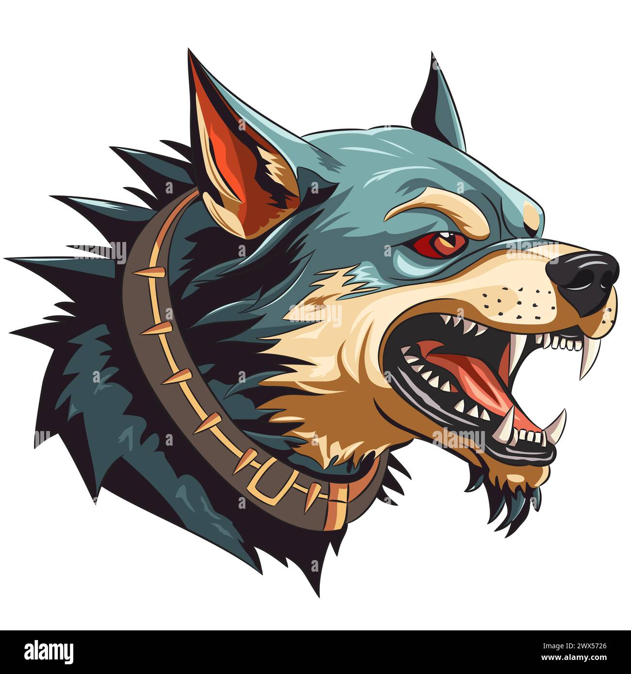 The head of an angry dog in a collar with spikes and bared fangs ...