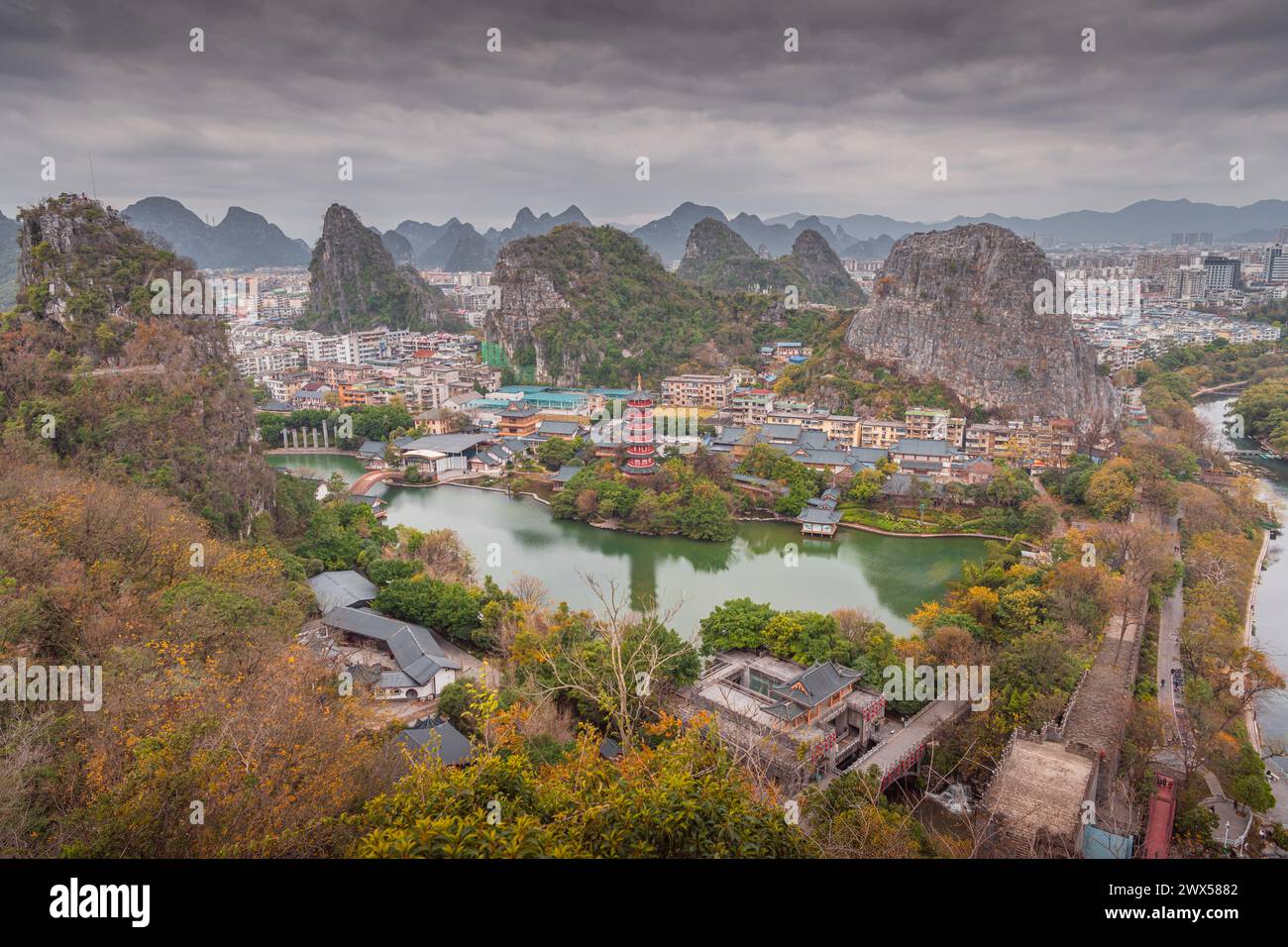 Scenic view of Mulong lake and Guilin city from top of Diecai Mountain ...