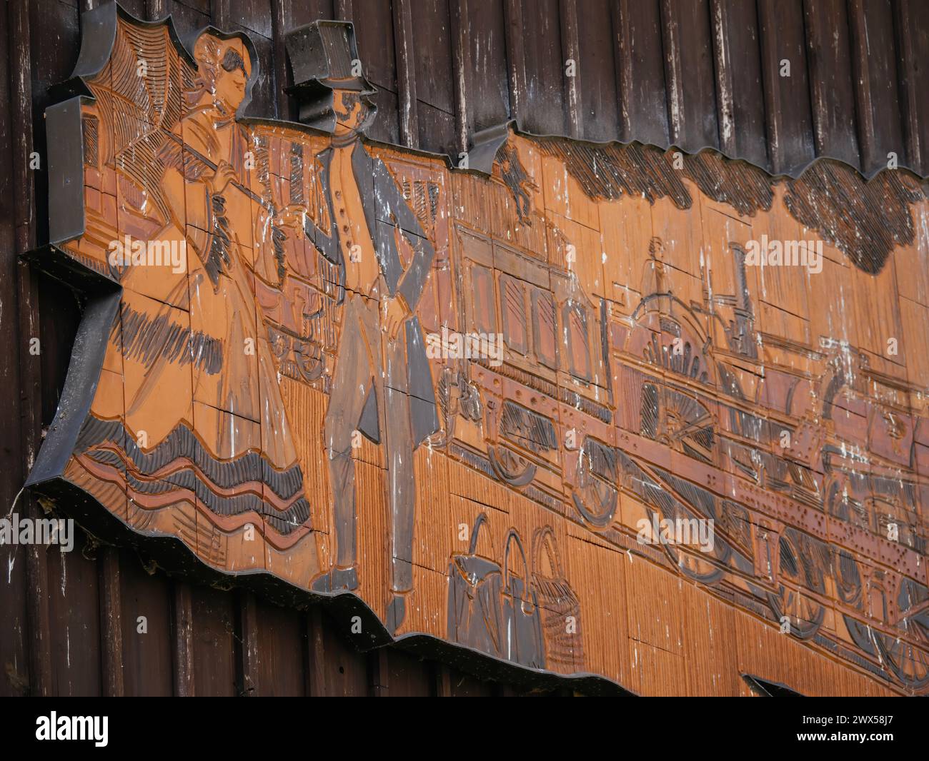Haguenau, France - Mar 20, 2024: A mural crafted in vintage wood ...