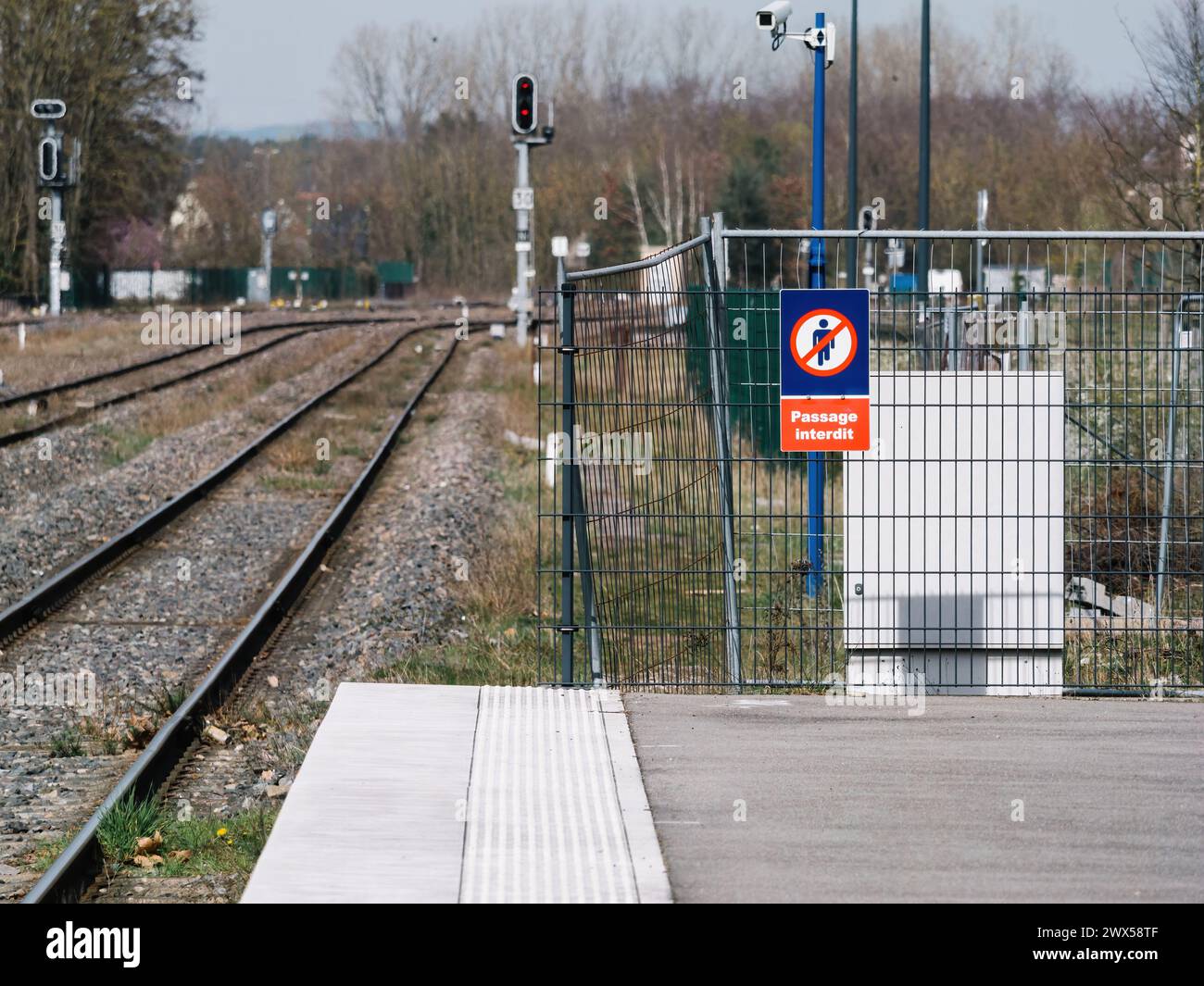 No Entry sign at a French train station, barring access to the railway ...