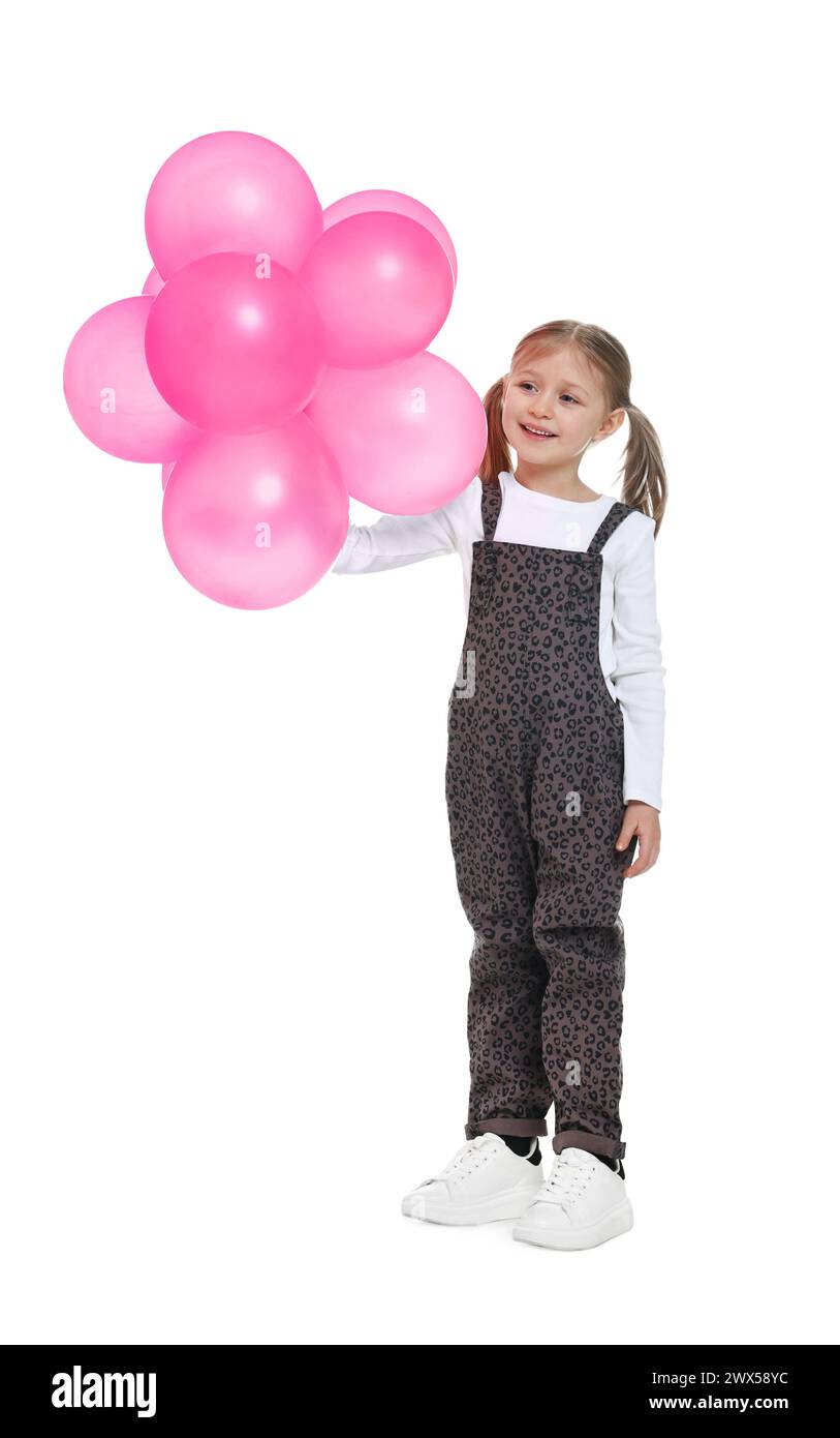 Cute girl with pink balloons on white background Stock Photo - Alamy