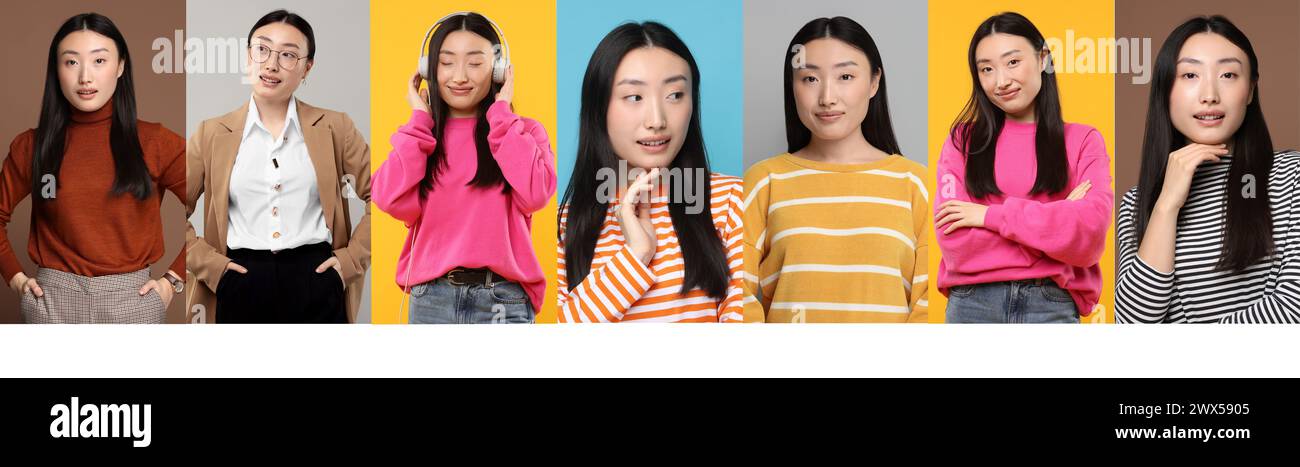 Collage with photos of Asian woman on different color backgrounds Stock ...