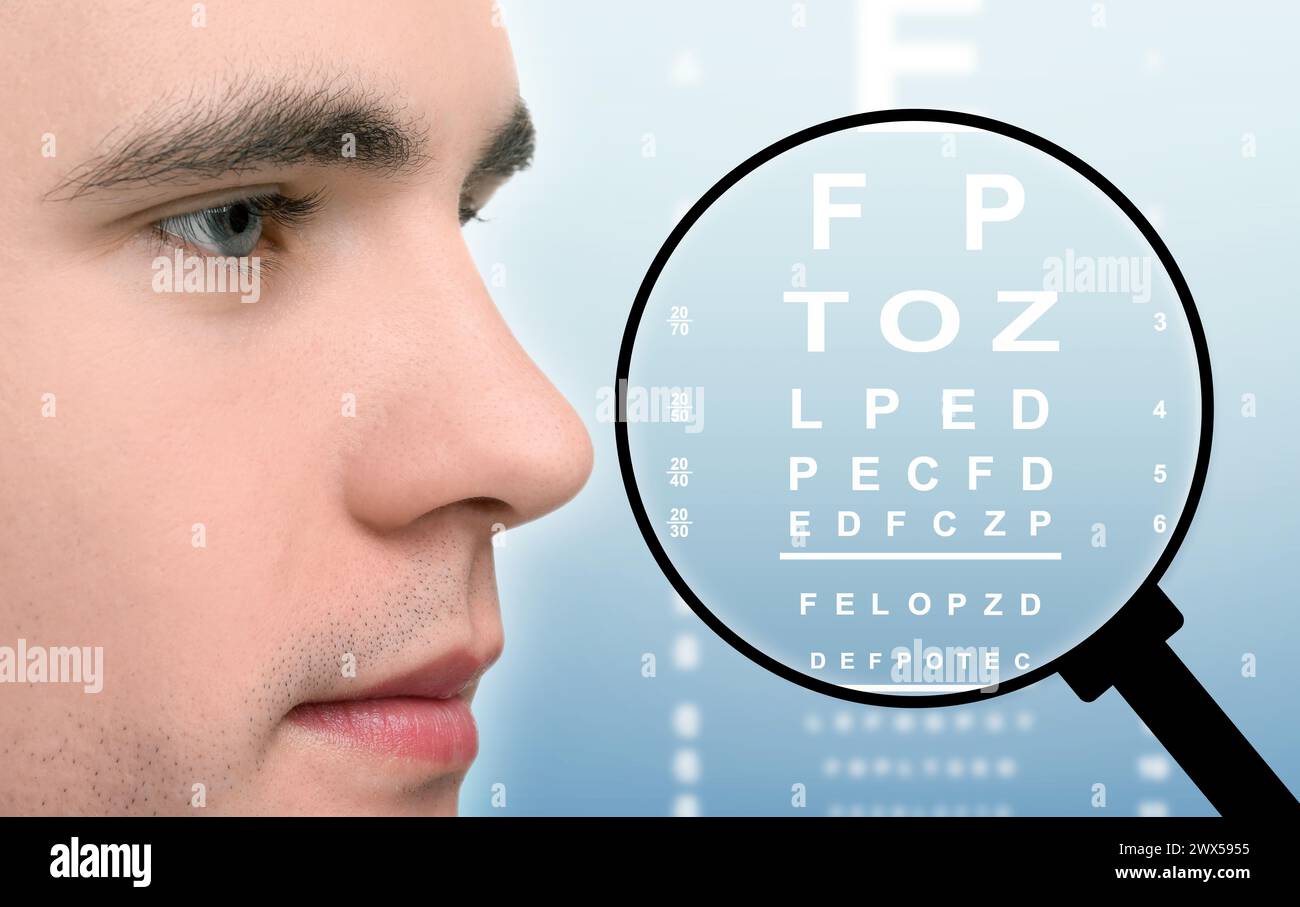 Vision test. Man and eye chart on blue background, view through ...