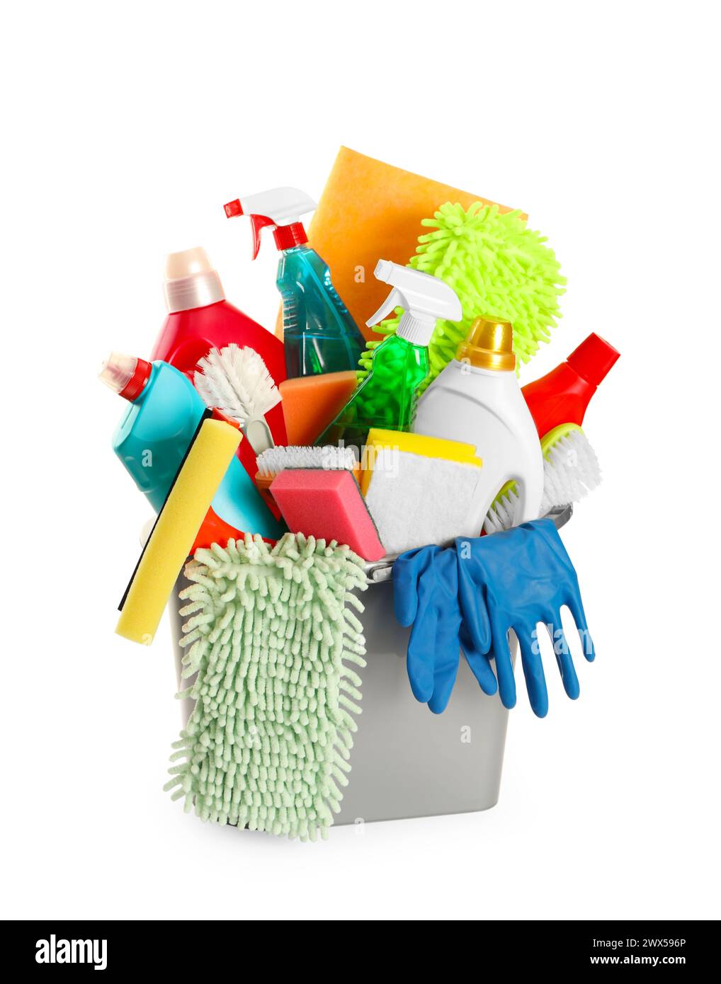 Different cleaning products in plastic bucket isolated on white Stock ...