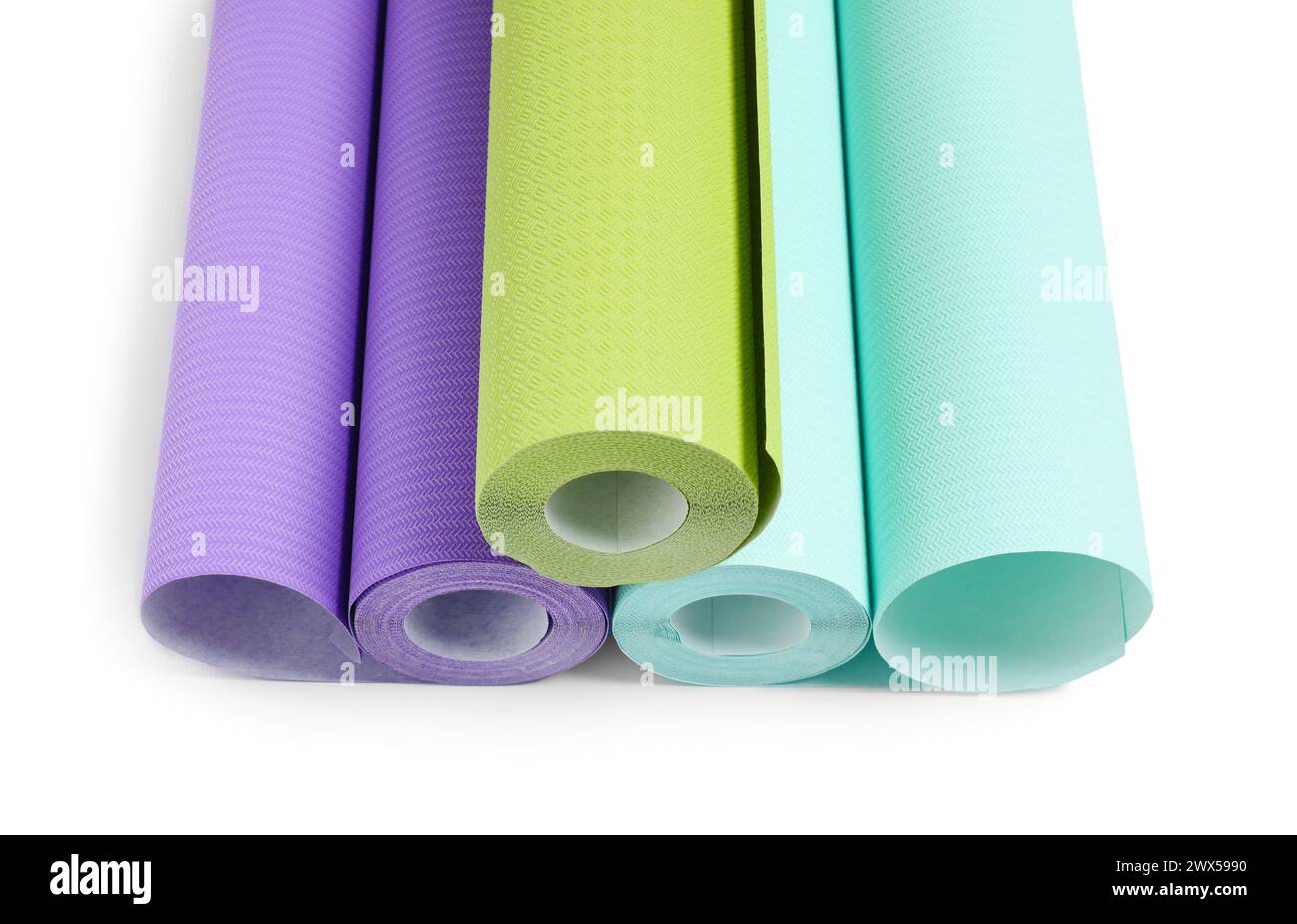 Three colorful wallpaper rolls isolated on white, above view Stock ...