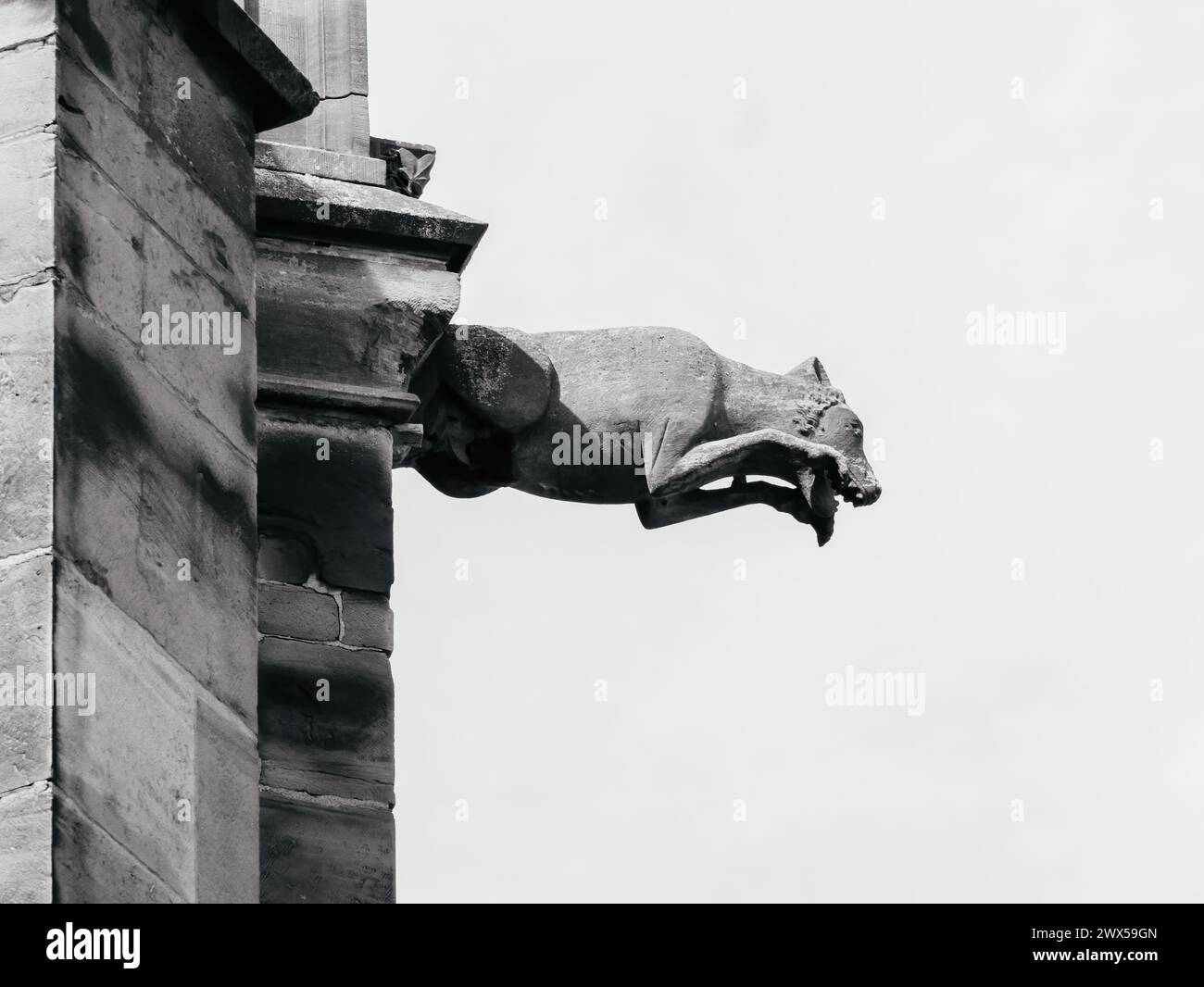 A black and white image featuring a menacing gargoyle perched atop a ...