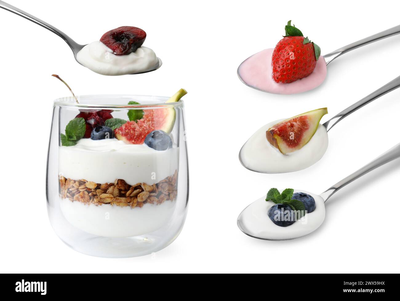 Different delicious yogurts isolated on white, set Stock Photo - Alamy