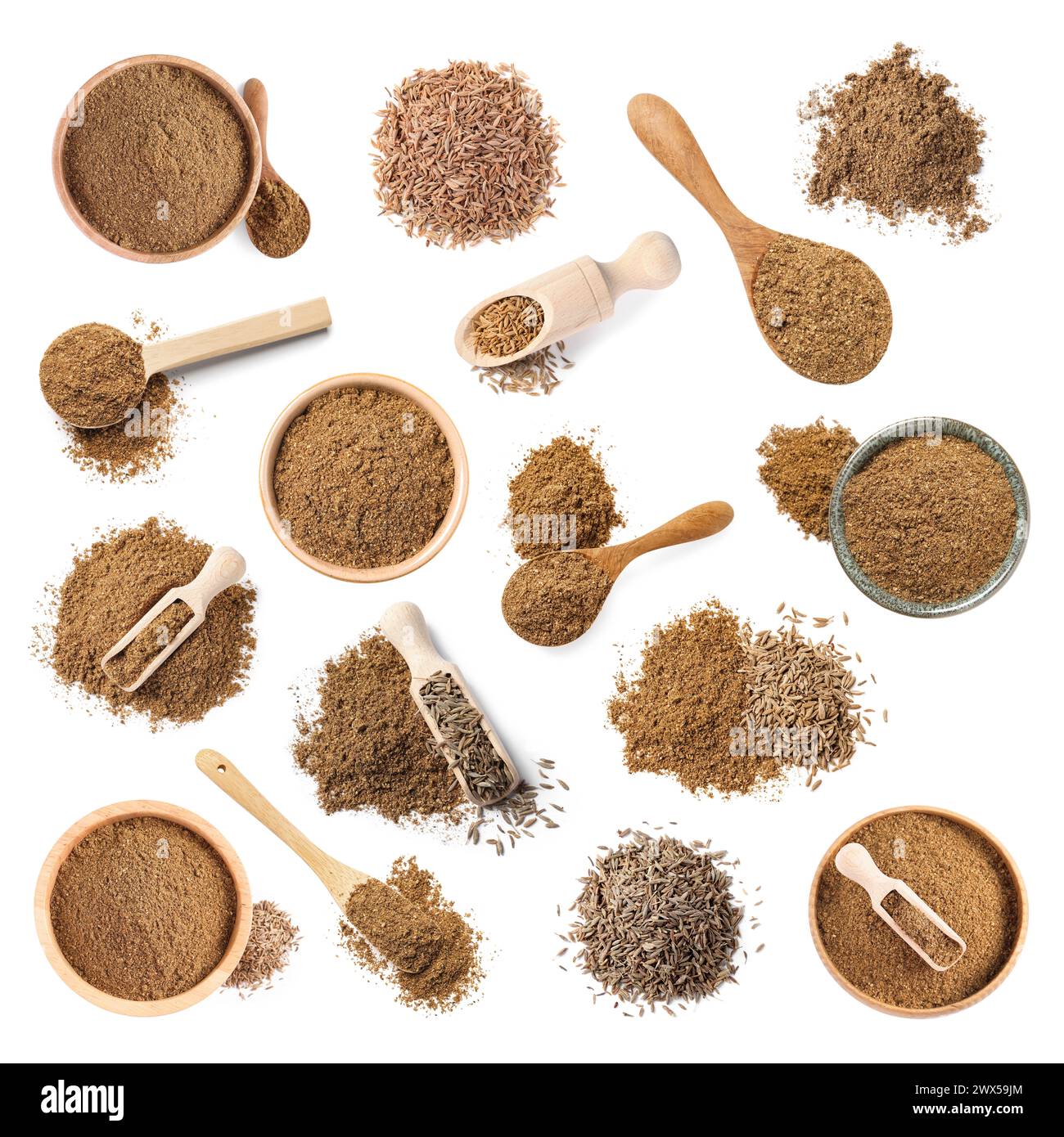 Aromatic caraway (Persian cumin) seeds and powder isolated on white ...