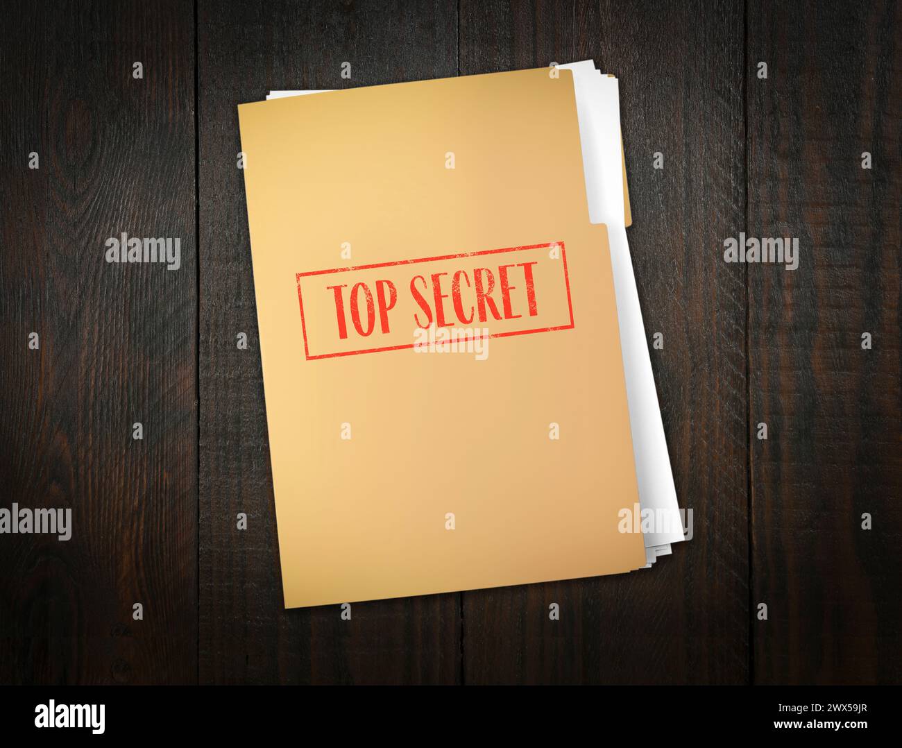 Top Secret stamp. File with documents on wooden table, top view Stock ...