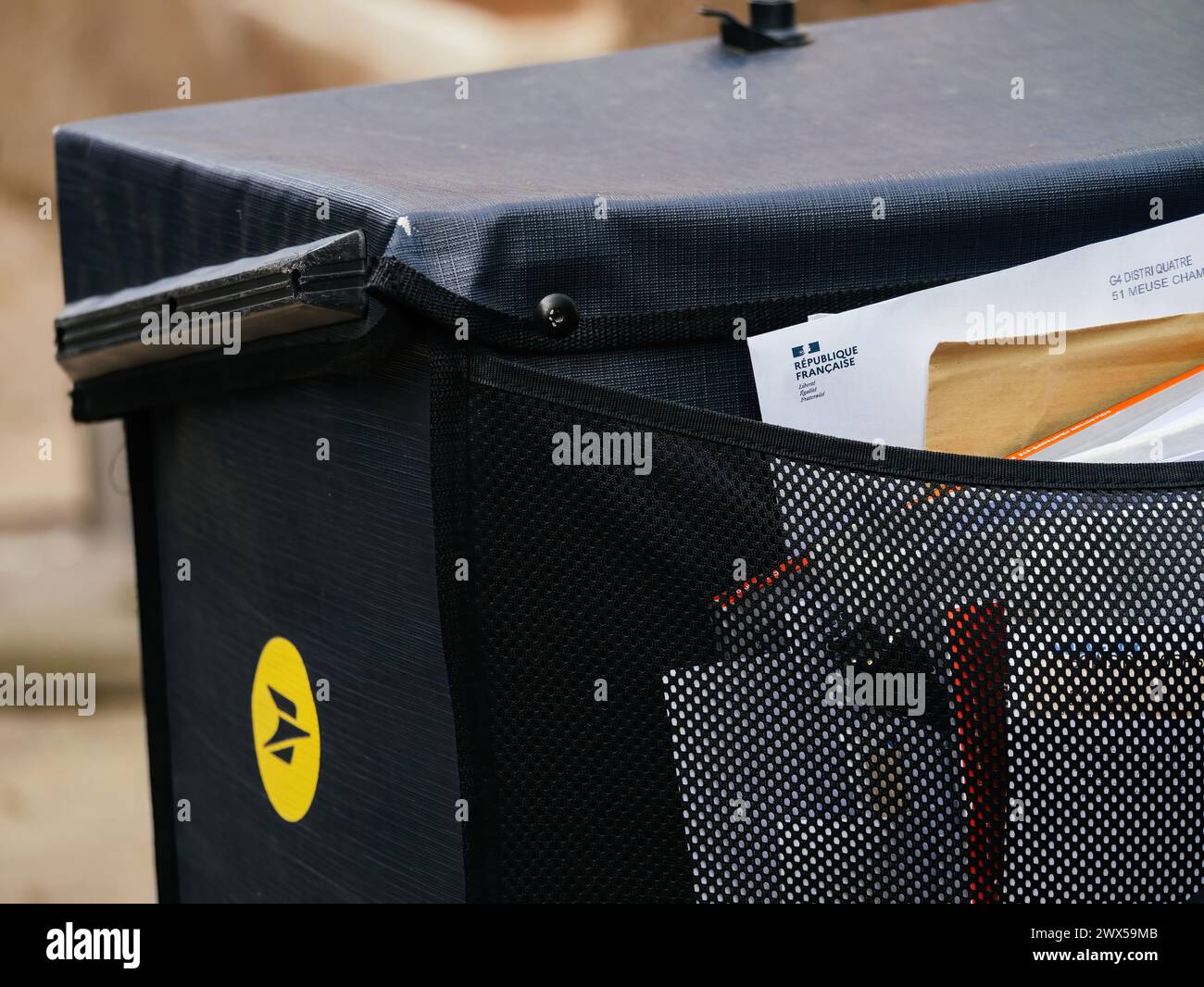 Haguenau, France - Mar 20, 2024: A close-up view of a French postal ...