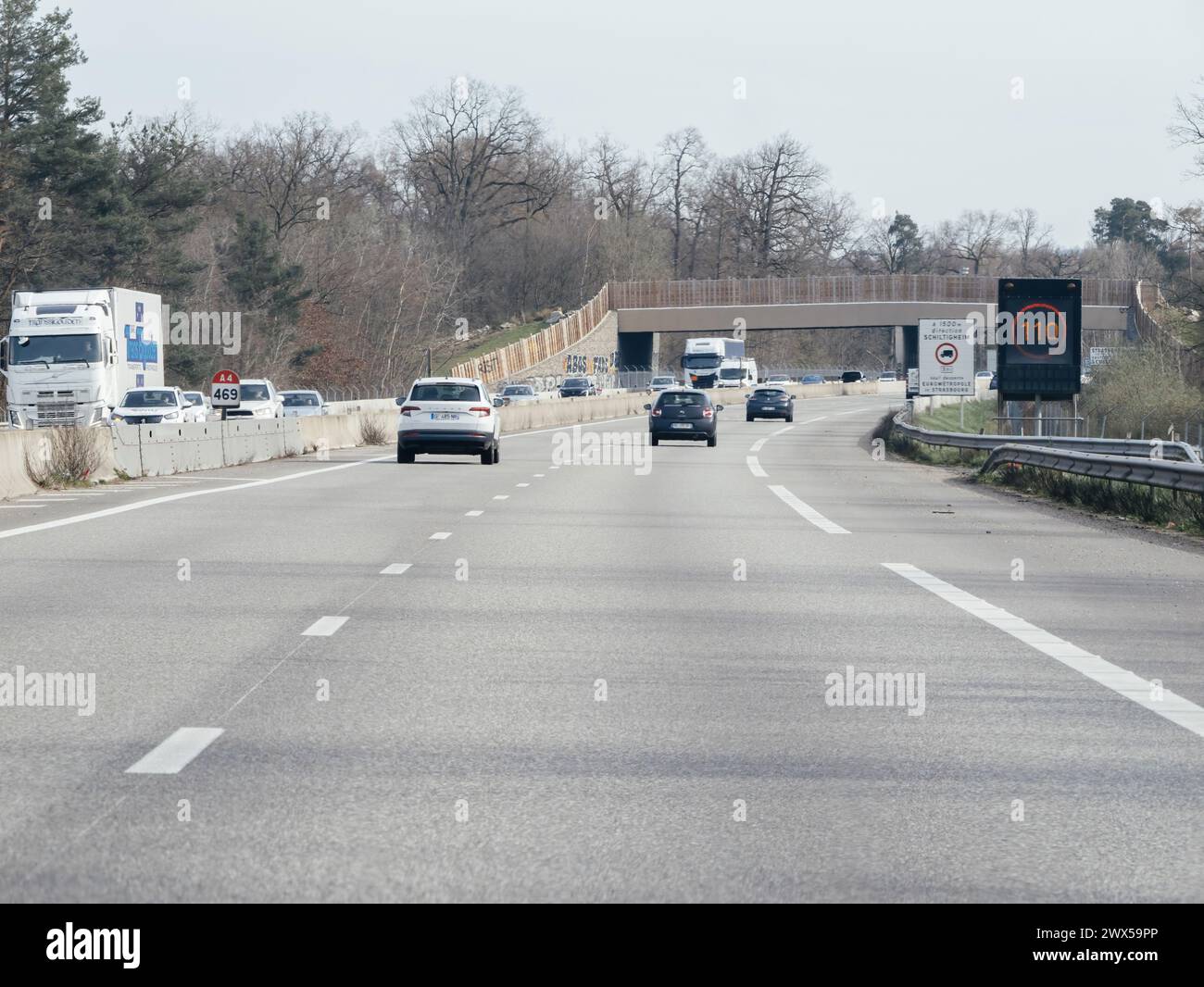 Strasbourg, France - Mar 20, 2024: A digital highway speed limit sign ...