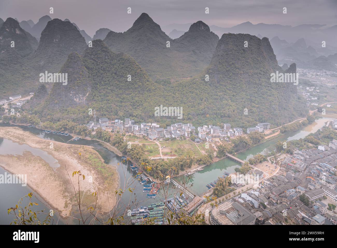 Arial view of Guilin, Li River and Karst mountains Yangshuo and ...