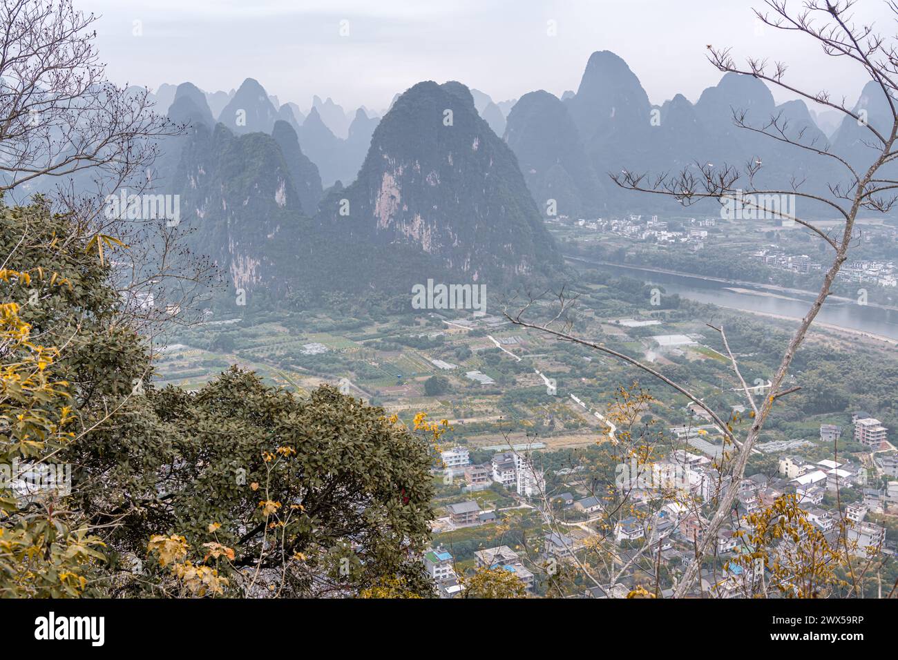 The village of Xingping and mountains from a bird's eye view. China ...