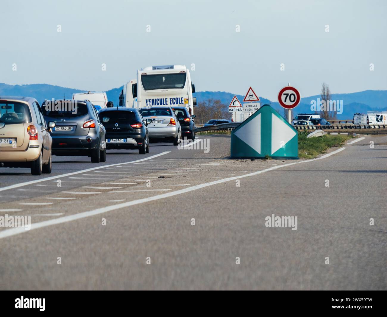 Strasbourg, France - Mar 20, 2024: A 70 kmh speed limit sign adorns the ...