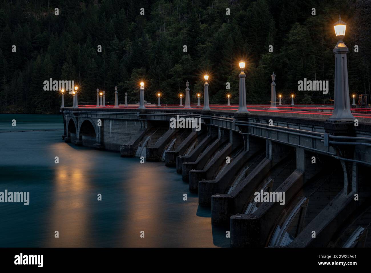 Long Streams Of Break Lights Cross Diablo Dam in North Cascades Stock ...