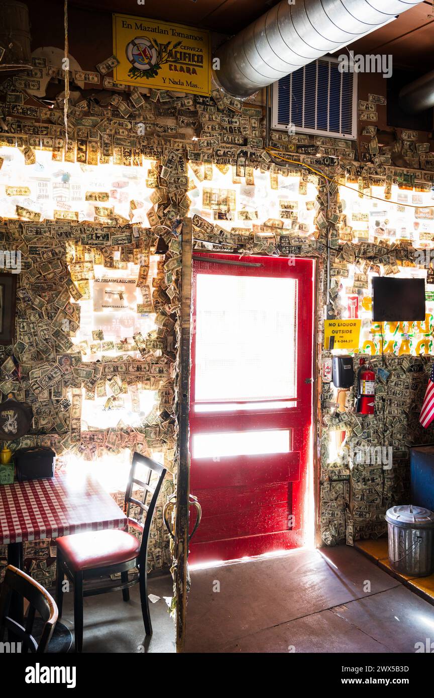 Dollar bills stuck to the walls of the Oatman Hotel. The historic gold ...