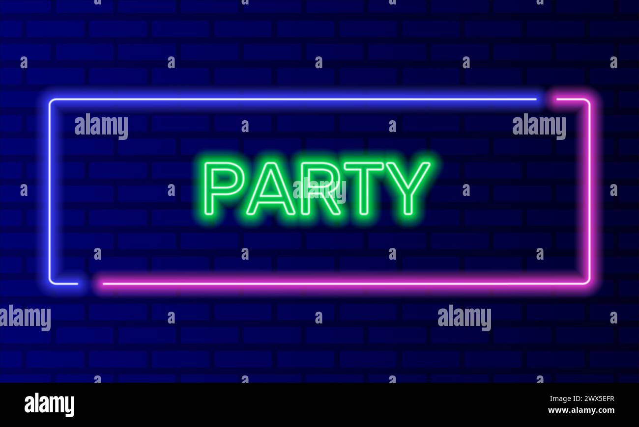 Neon sign party in speech bubble frame on brick wall background vector ...
