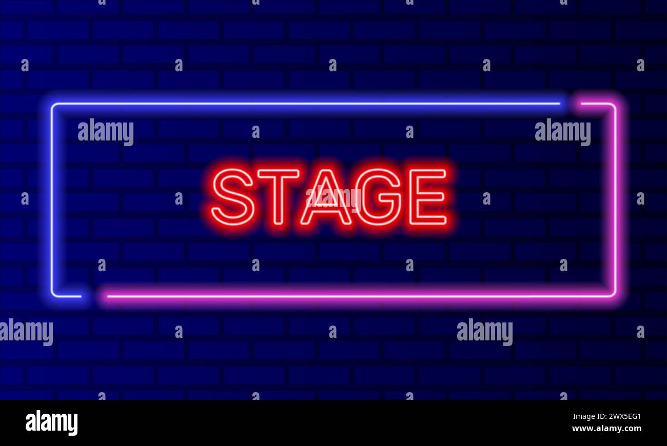 Neon sign stage in speech bubble frame on brick wall background vector ...