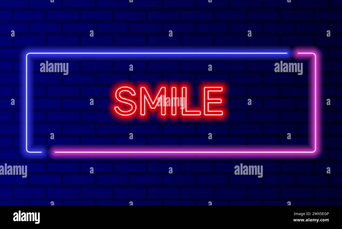 Neon sign smile in speech bubble frame on brick wall background vector ...