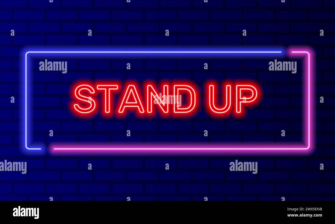 Neon sign stand up in speech bubble frame on brick wall background ...