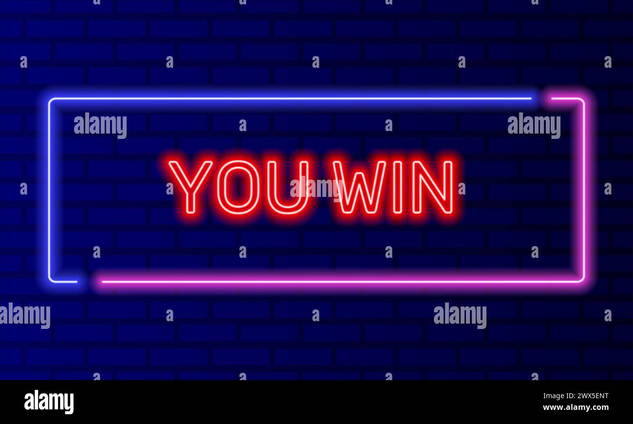 Neon sign you win in speech bubble frame on brick wall background ...