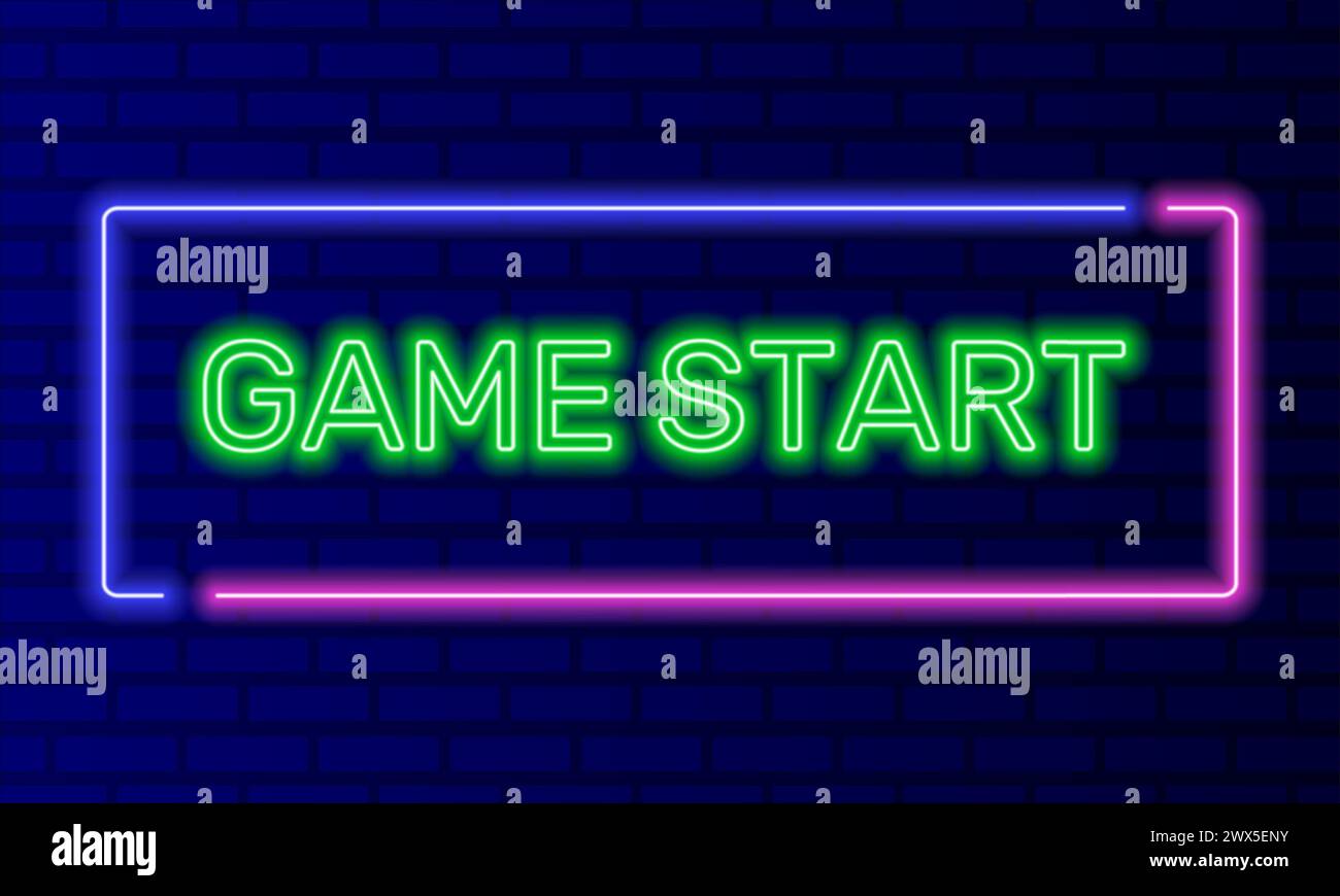 Neon sign game start in speech bubble frame on brick wall background ...