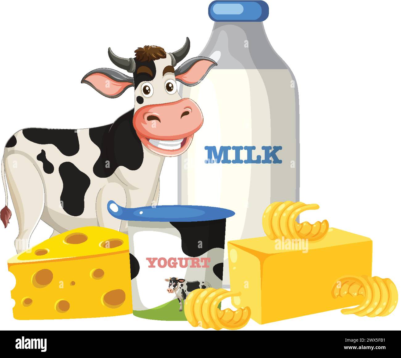 Colorful illustration of dairy products and a cow Stock Vector Image ...