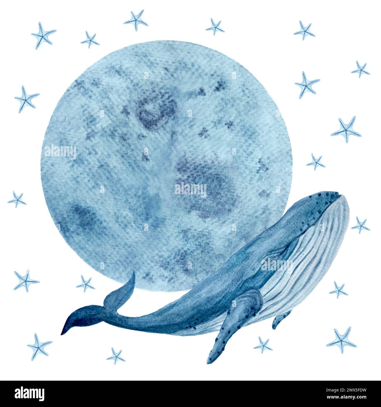 Watercolor hand-drawn humpback whale, a moon and starfish composition ...