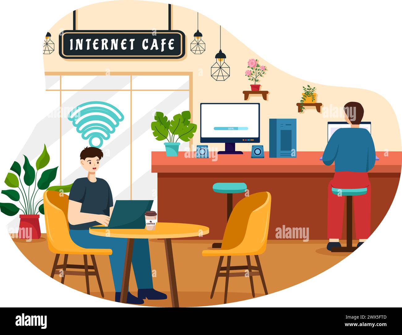 Internet Cafe Vector Illustration with Building for Young People ...