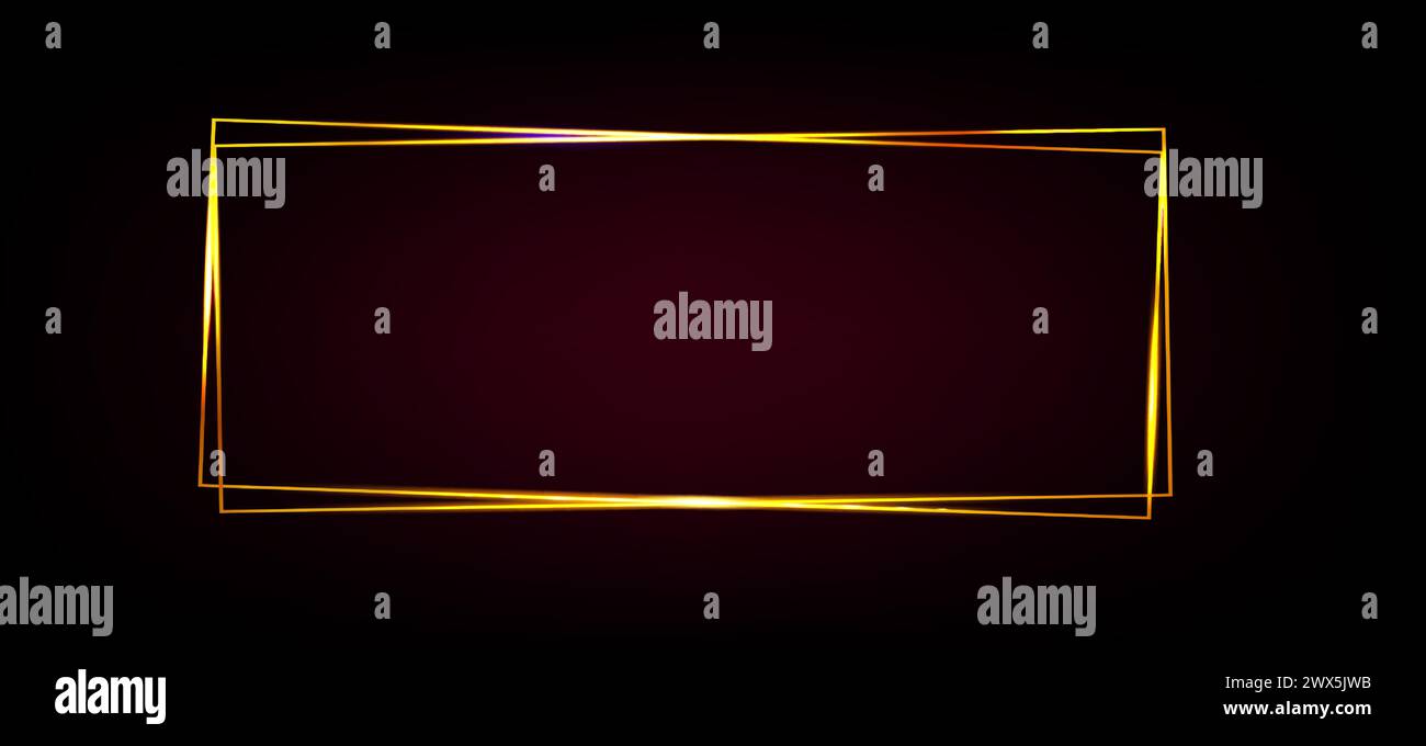 Golden neon rectangle frame banner with light glow background. Led line ...