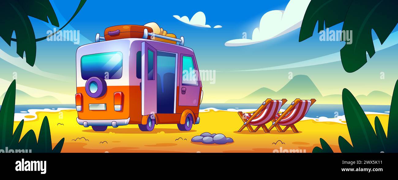 Camper van with baggage on roof and open door standing on sea or ocean ...