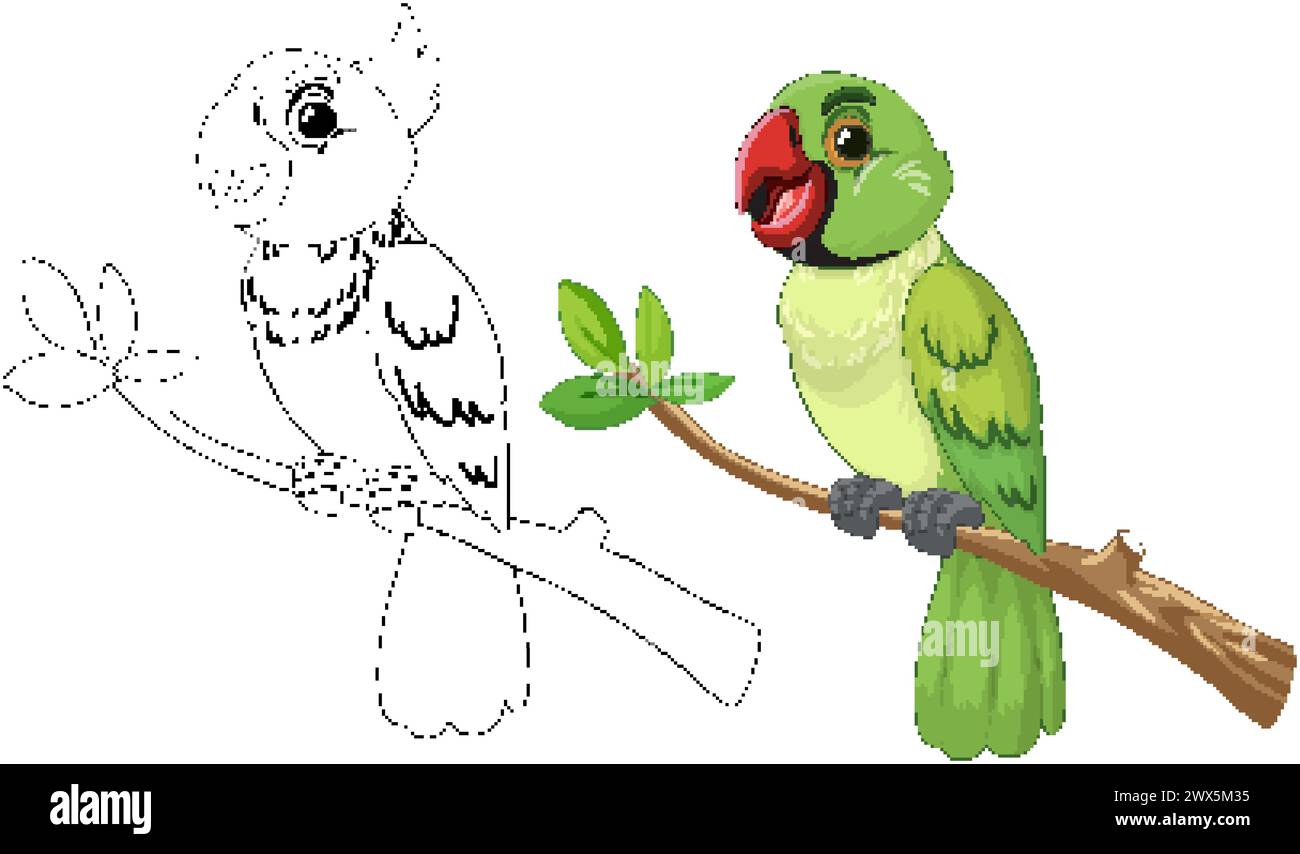 Illustration of a colored and sketched parrot on branches Stock Vector ...