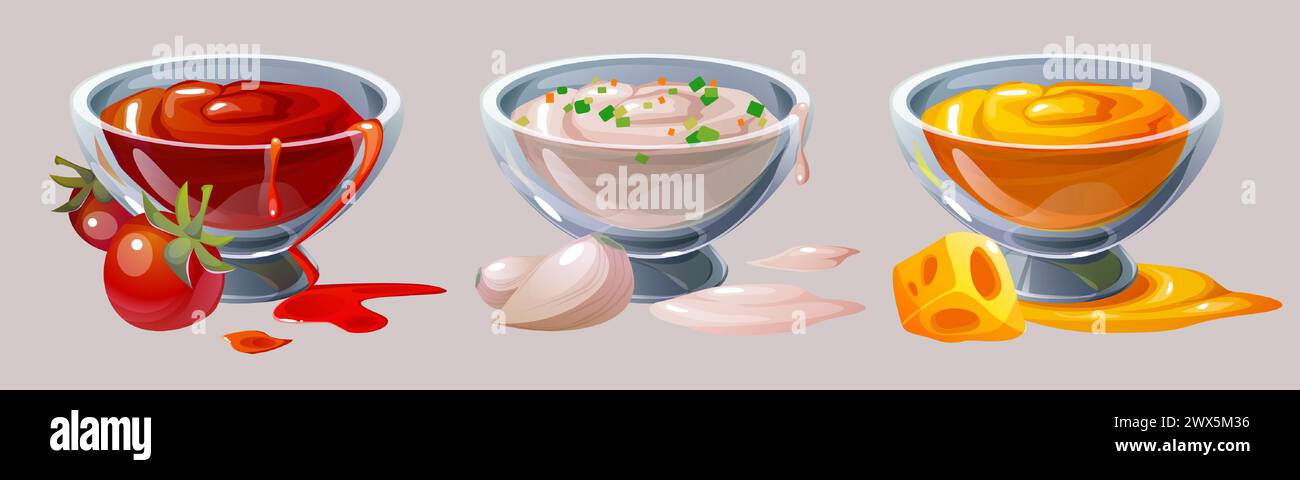 Dip sauce bowls set isolated on background. Vector cartoon illustration ...