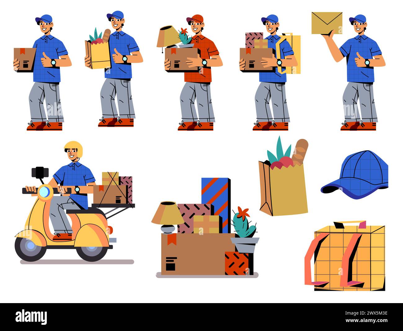Delivery service concept - young man courier with food, store products ...
