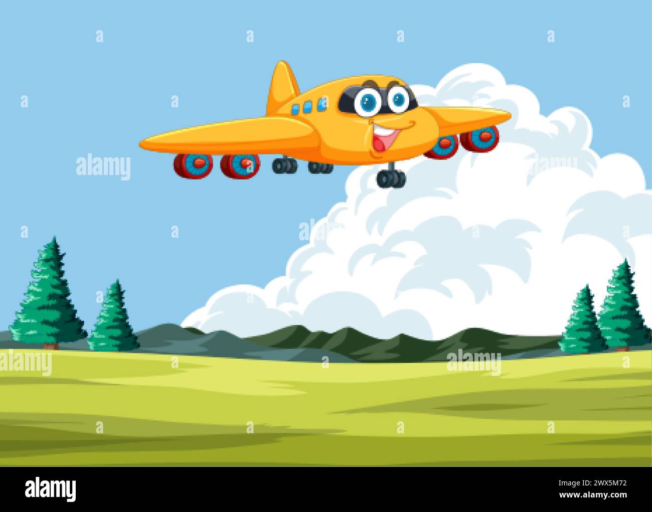 Cartoon airplane with face flying above green fields Stock Vector Image ...