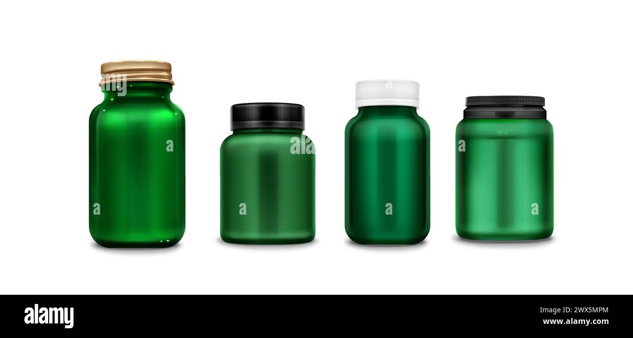 Green vitamin bottle, plastic pill jar package. 3d blank medicine or ...