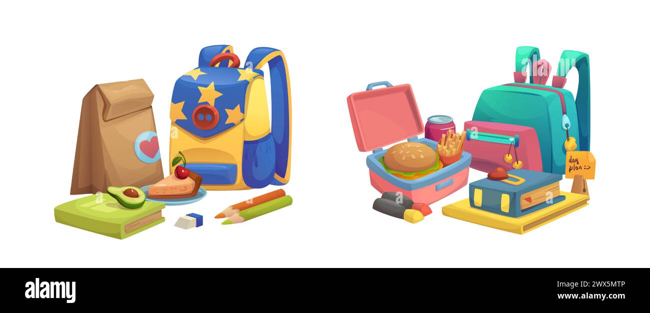 Kid backpack and lunchbox for school illustration. Sandwich and snack ...