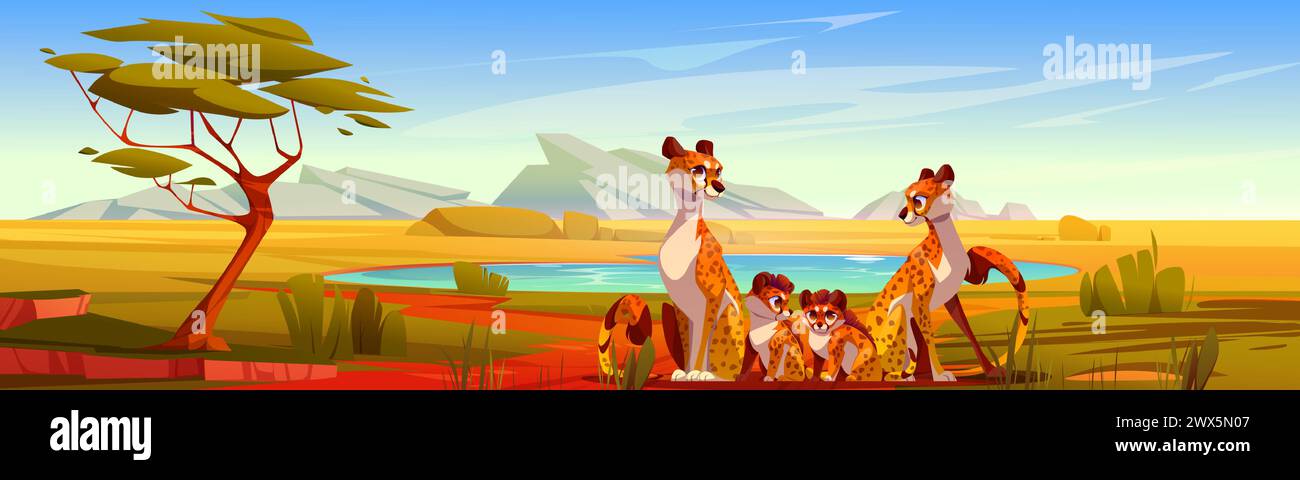 Cheetah family on savannah landscape. Vector cartoon illustration of ...